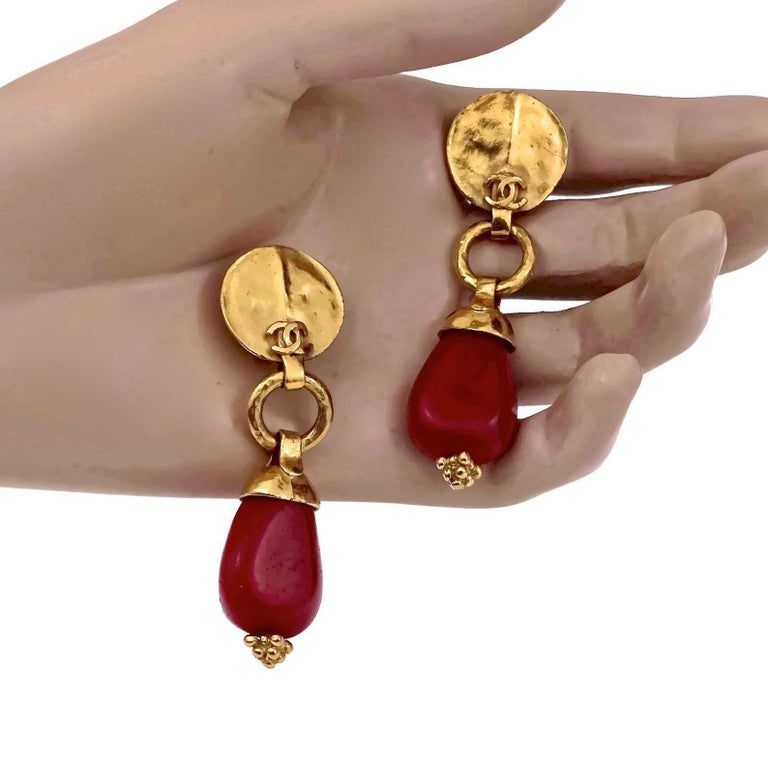 Vintage CHANEL Logo Disc Red Stone Drop Earrings at 1stDibs