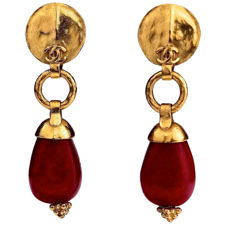 Vintage CHANEL Logo Disc Red Stone Drop Earrings at 1stDibs
