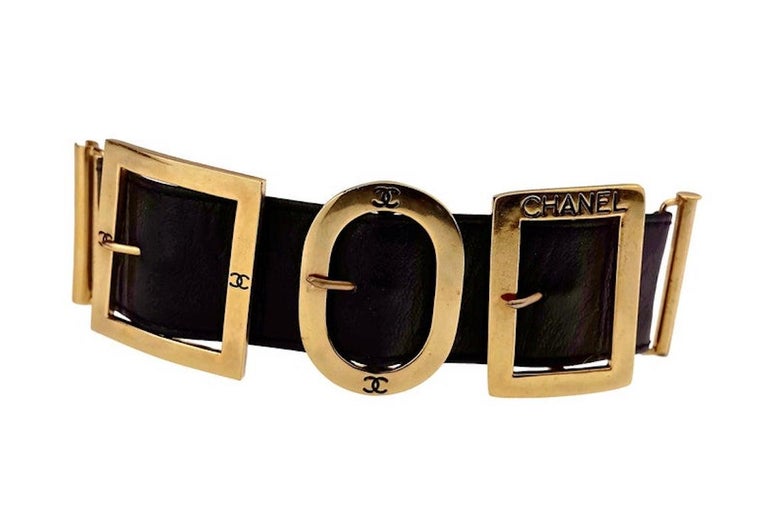 Vintage CHANEL Logo Multi Buckle Leather Cuff Bracelet at 1stDibs