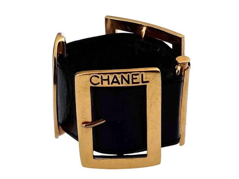 Vintage CHANEL Logo Multi Buckle Leather Cuff Bracelet at 1stDibs