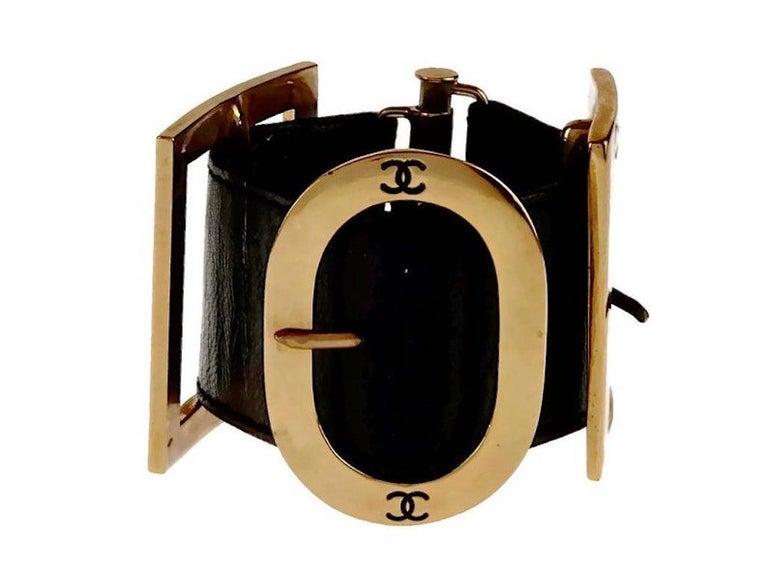 Vintage CHANEL Logo Multi Buckle Leather Cuff Bracelet at 1stDibs