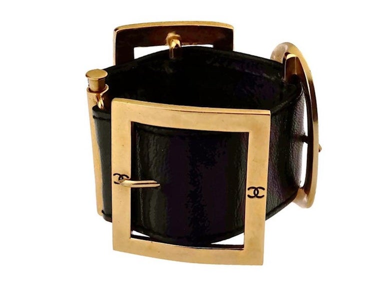 Vintage CHANEL Logo Multi Buckle Leather Cuff Bracelet at 1stDibs