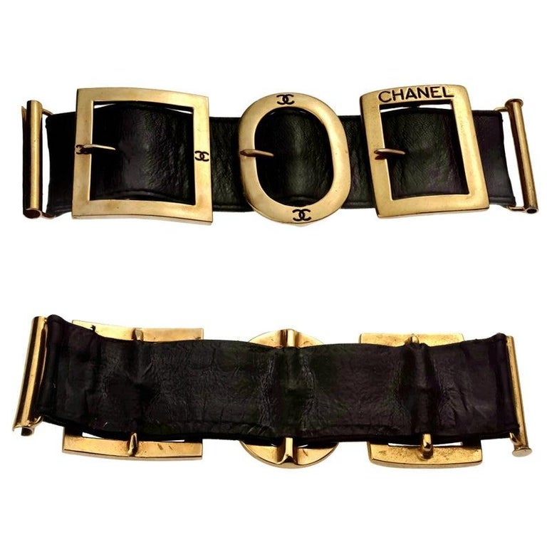 Vintage CHANEL Logo Multi Buckle Leather Cuff Bracelet at 1stDibs