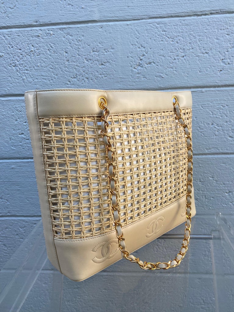 Vintage Rare Chanel Woven Straw Lambskin Beige Shopper Tote For Sale at ...