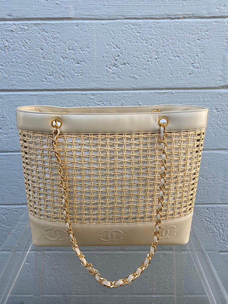 Vintage Rare Chanel Woven Straw Lambskin Beige Shopper Tote For Sale at ...