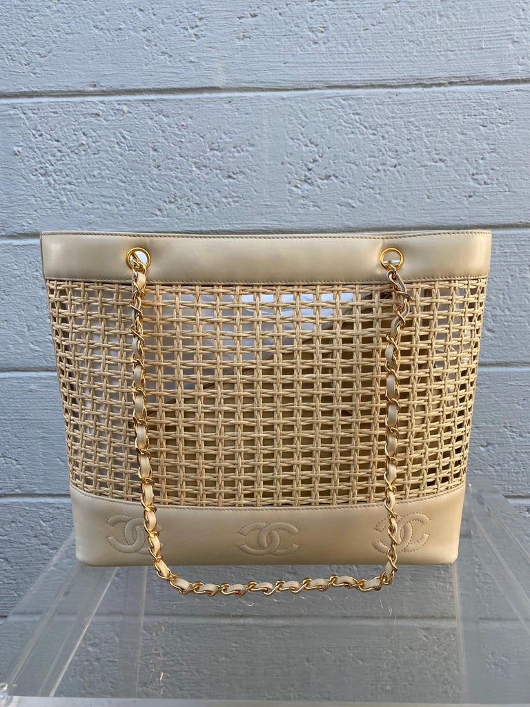 Vintage Rare Chanel Woven Straw Lambskin Beige Shopper Tote For Sale at ...