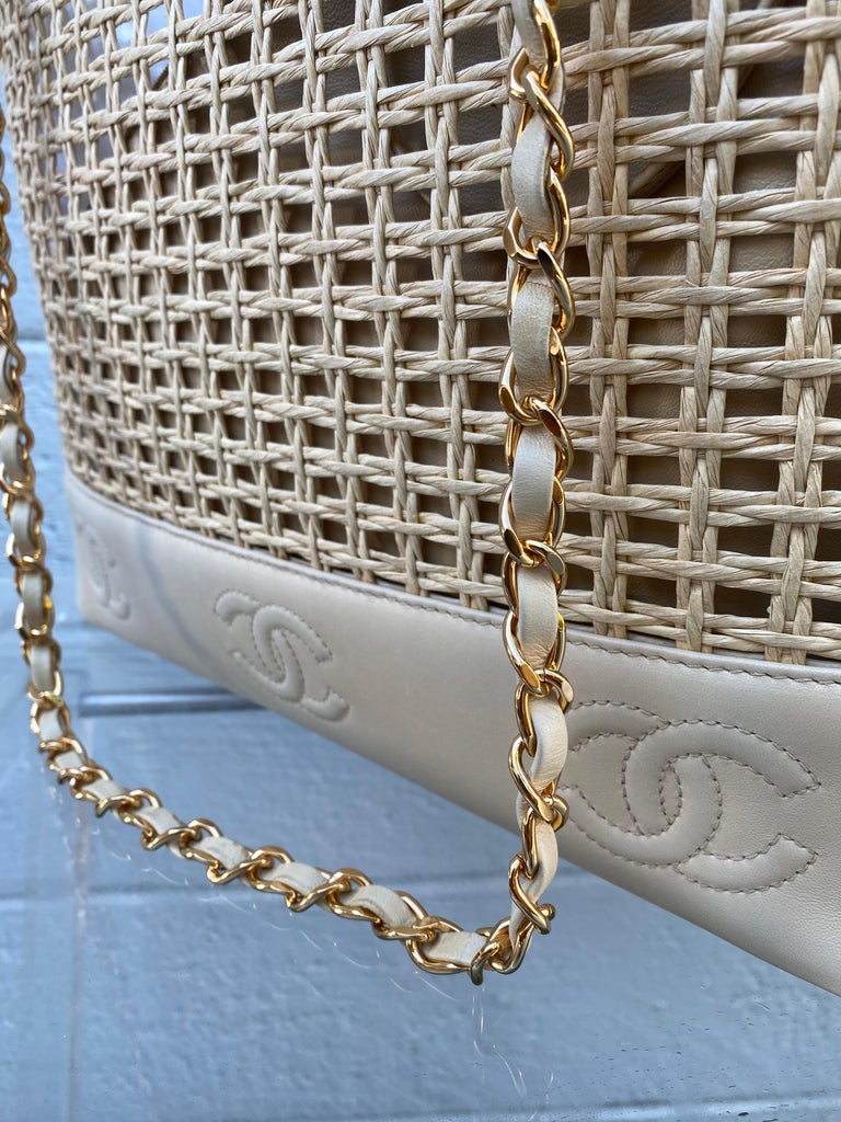 Vintage Rare Chanel Woven Straw Lambskin Beige Shopper Tote For Sale at ...