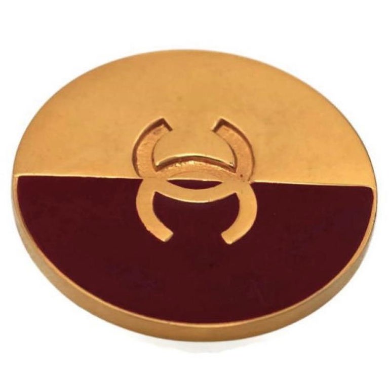 Vintage CHANEL Logo Red Gold Brooch at 1stDibs