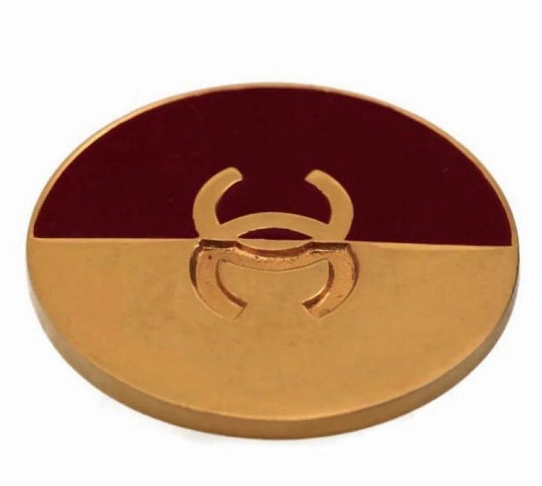 Vintage CHANEL Logo Red Gold Brooch at 1stDibs