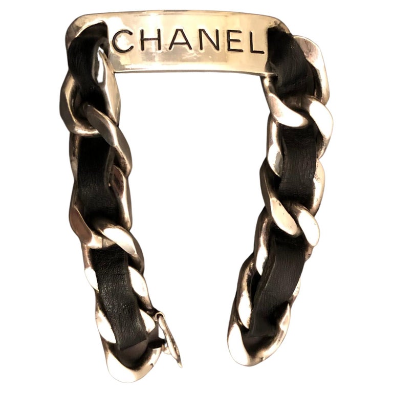 Vintage CHANEL Silver Toned Leather Chain Link Bracelet Unisex Mens For ...