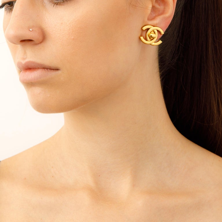 Vintage Chanel Turnlock Double CC Logo Ear Clips For Sale at 1stDibs
