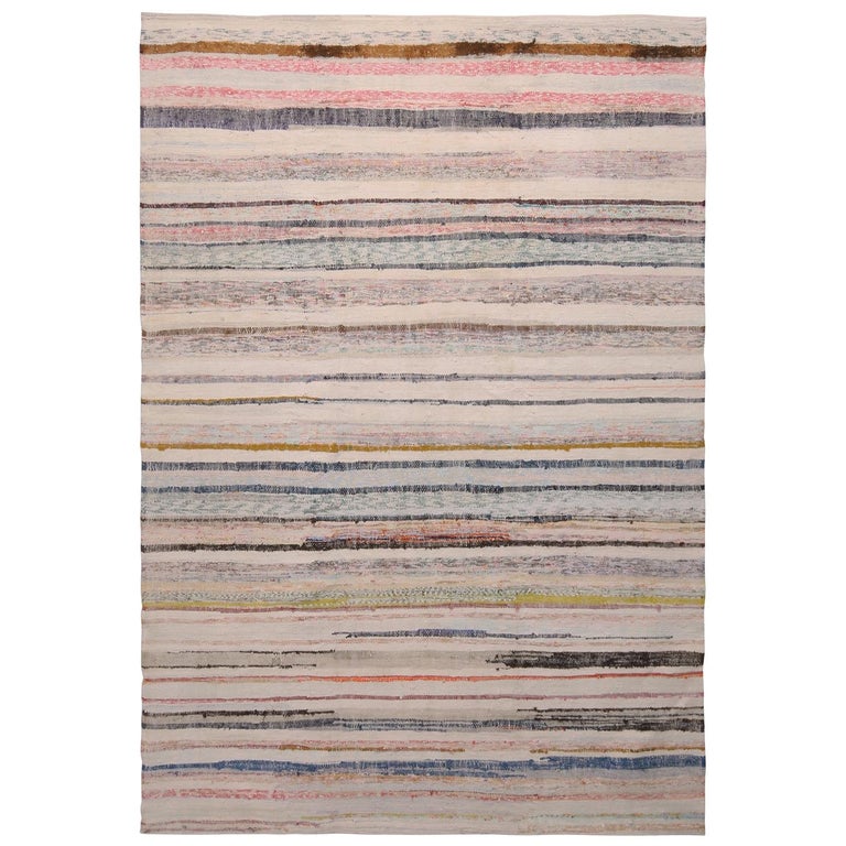 Vintage Chaput Striped Pink and Blue Multi-Color Wool Kilim Rug by Rug ...