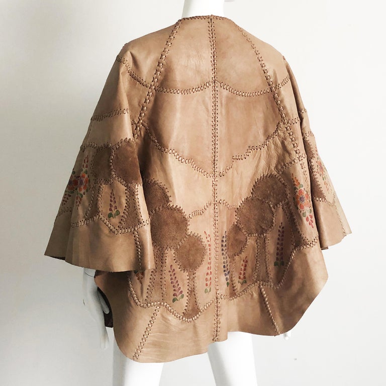 Vintage Char Leather Poncho Whipstitch Hand Painted Cape 70s Sz M at ...