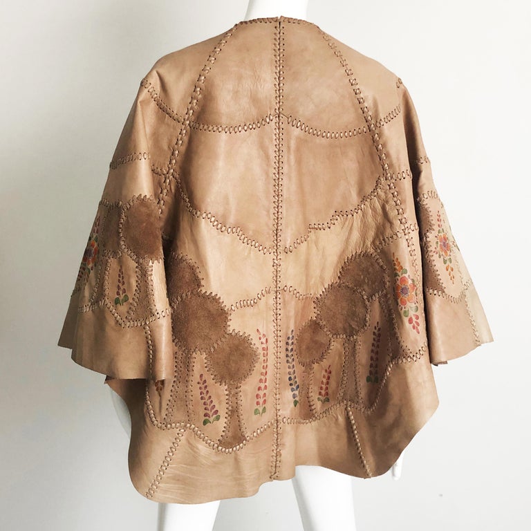 Vintage Char Leather Poncho Whipstitch Hand Painted Cape 70s Sz M at ...
