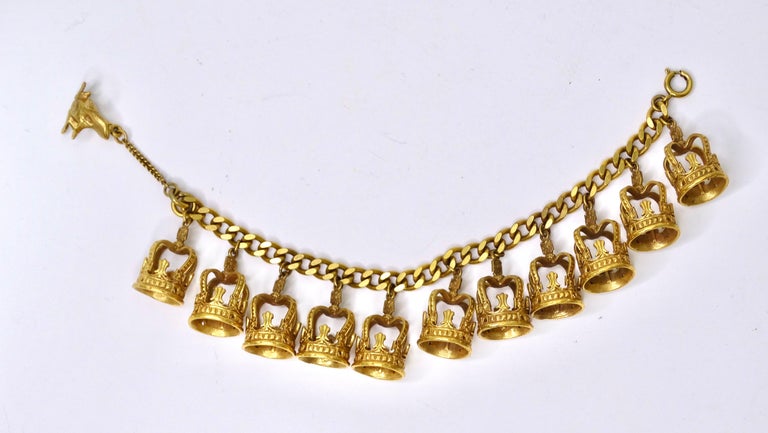 Vintage Charm Bracelet Gold Crowns and Frog Prince For Sale at 1stDibs
