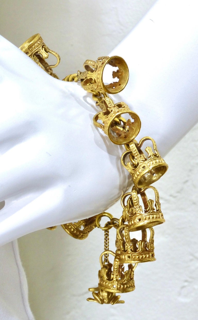 Vintage Charm Bracelet Gold Crowns and Frog Prince For Sale at 1stDibs