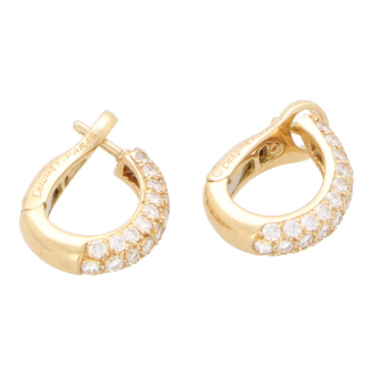Vintage Chaumet Petite Diamond Hoop Earrings in 18k Yellow Gold at 1stDibs