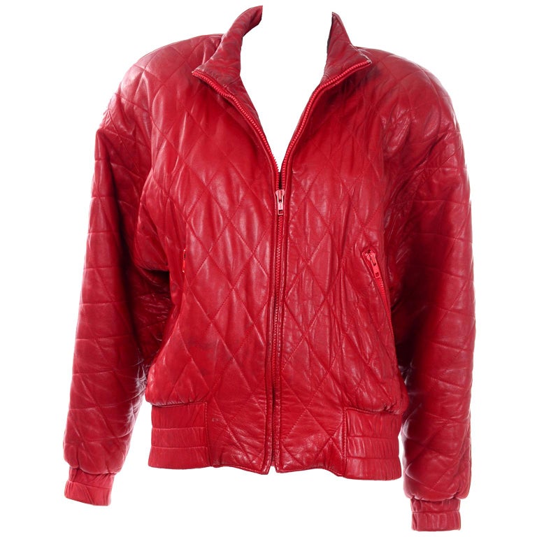 Vintage Cherry Red Quilted Leather Vakko Zip Front Jacket at 1stDibs