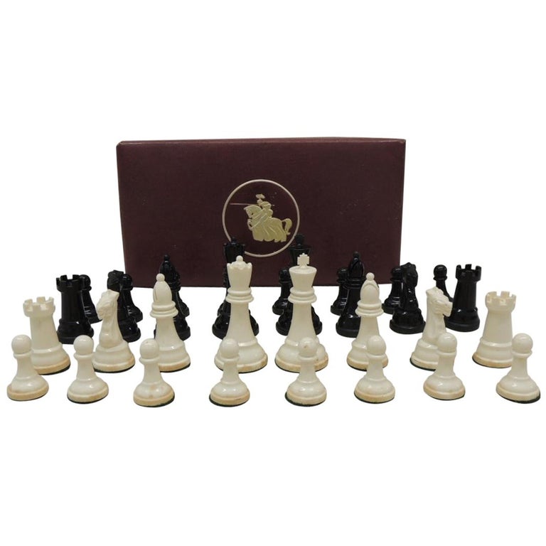 Vintage Chess Set Pieces in Vegan Leather Box at 1stDibs
