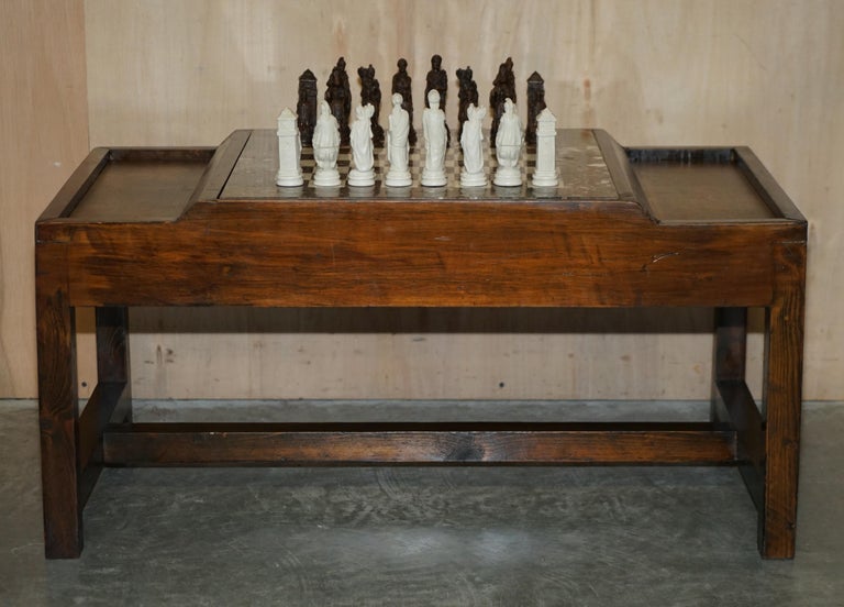 VINTAGE CHESSBOARD COFFEE TABLE WITH MARBLE BOARD AND EBONiSED CHESS ...
