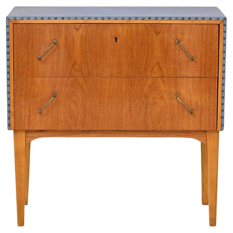 Vintage Chest of Drawers with Light Blue Leatherette For Sale at 1stDibs
