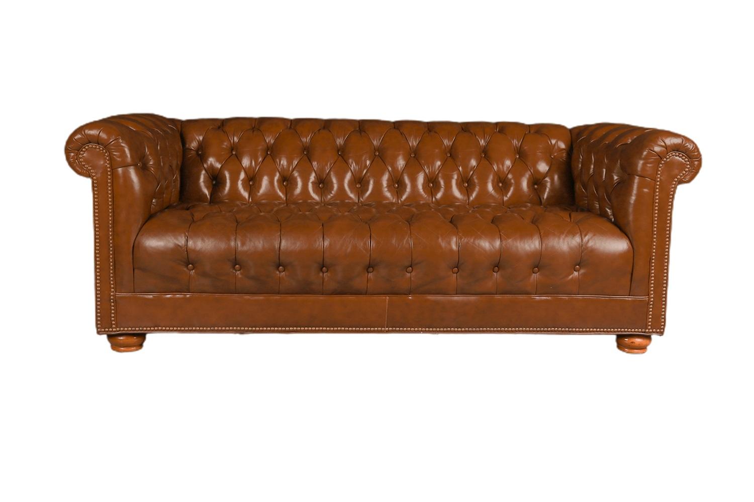 Vintage Chesterfield Style Brown Leather Button Tufted Sofa For Sale at ...