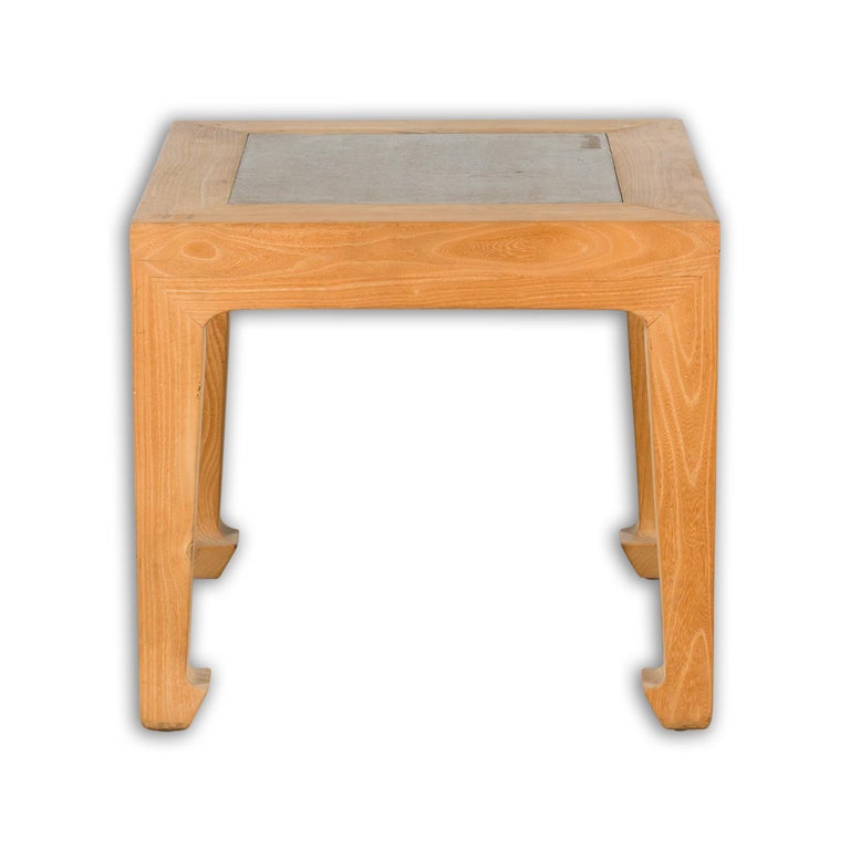 Vintage Chinese Bleached Elmwood Square Side Table with Stone Tile ...