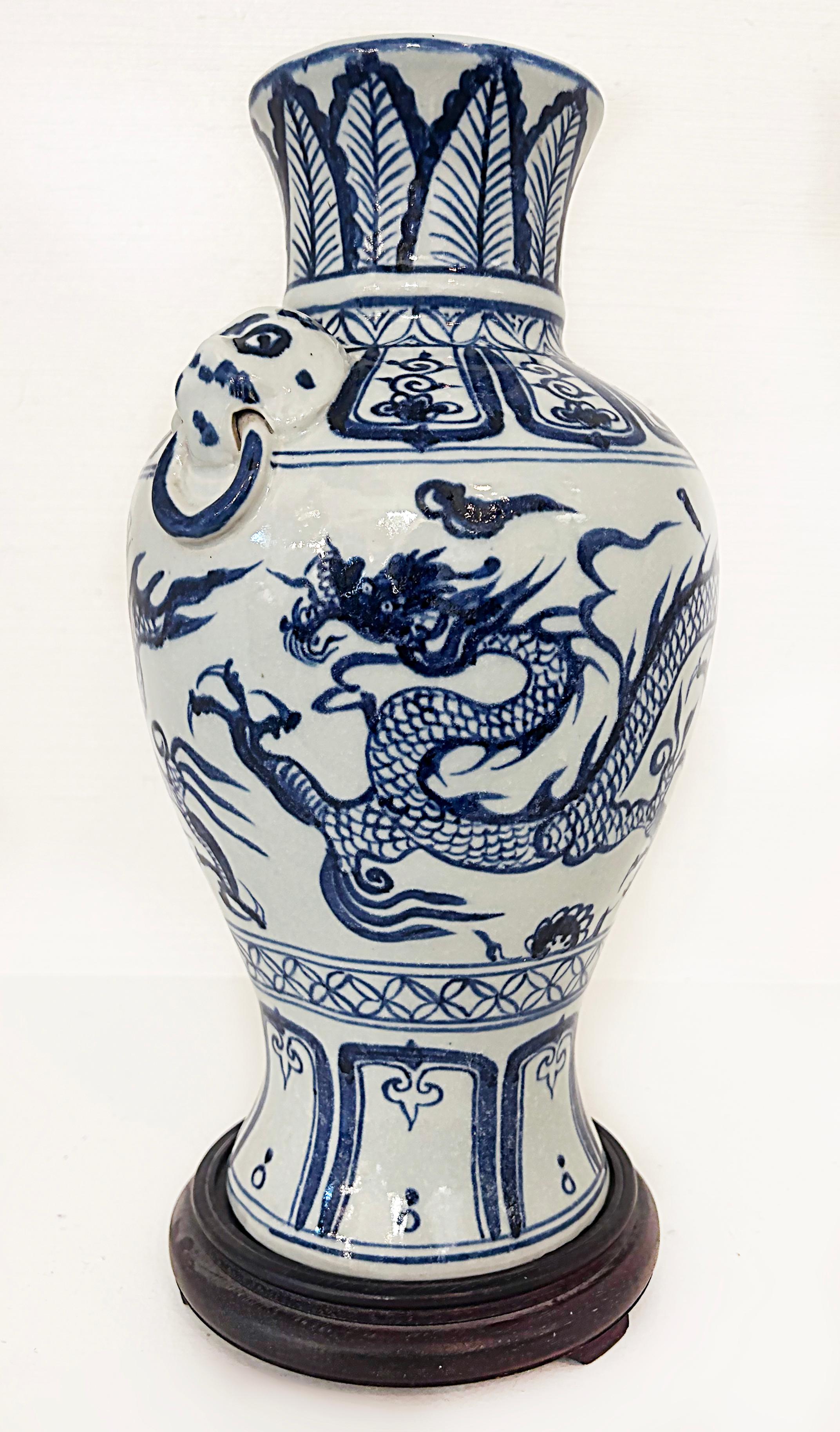 Vintage Chinese Blue and White Porcelain Dragon Vase on a Base For Sale ...