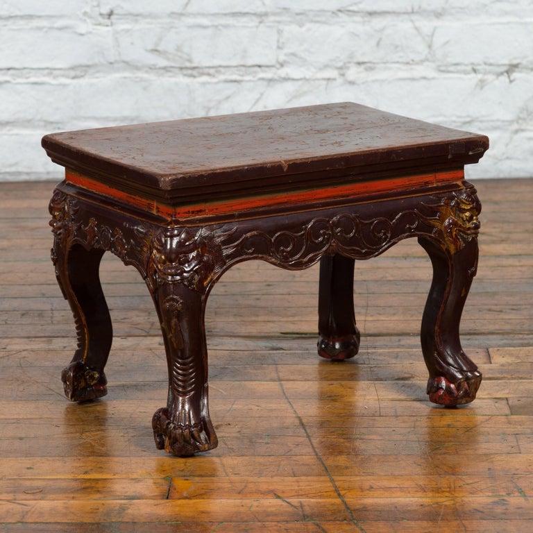 Vintage Chinese Brown and Red Lacquer Side Table with Carved Mythical ...