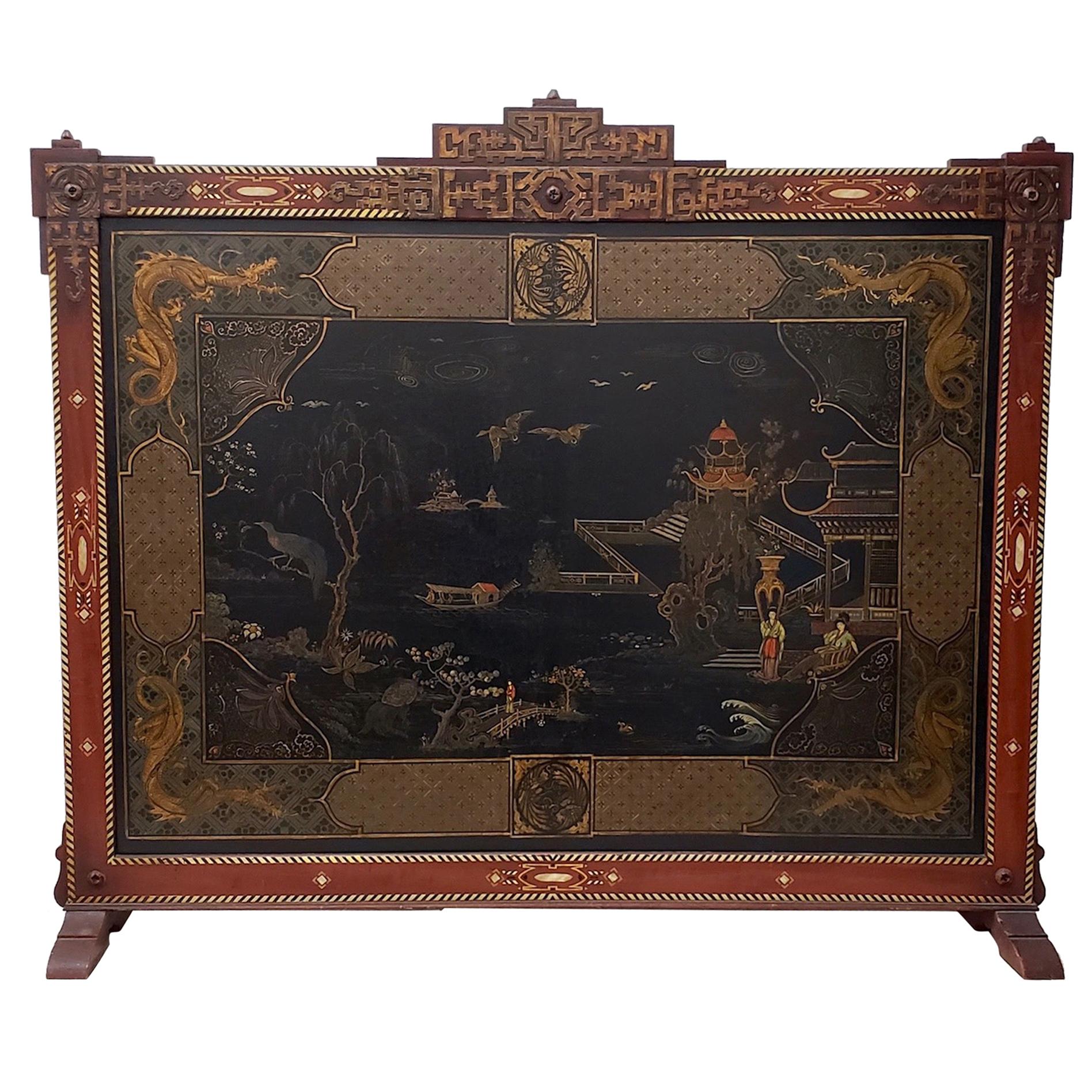 Vintage Chinese Carved and Painted Fire Screen, circa 1940s at 1stDibs