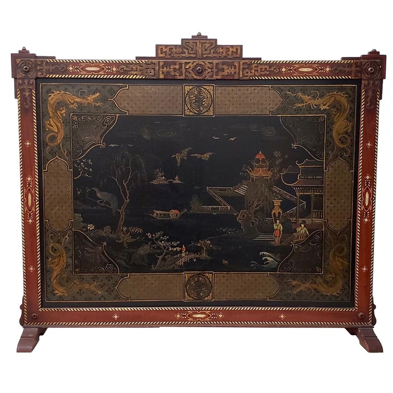 Vintage Chinese Carved and Painted Fire Screen, circa 1940s at 1stDibs
