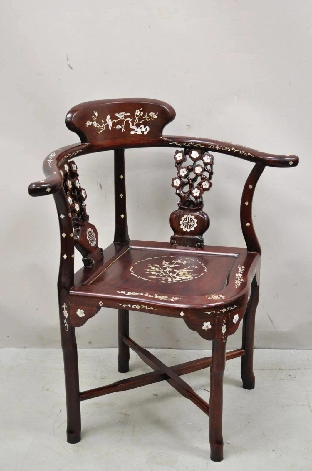 Vintage Chinese Carved Hardwood Corner Lounge Chair with Mother of ...