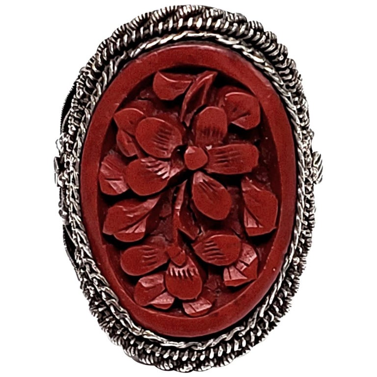 Vintage Chinese Carved Red Cinnabar Ring at 1stDibs