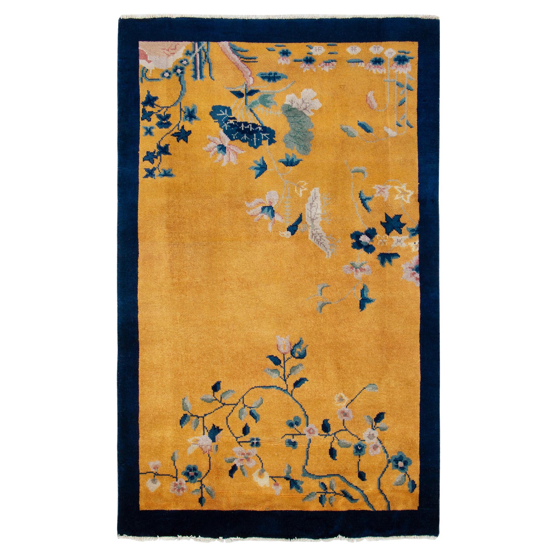 Vintage Chinese Deco Style Rug in Blue, Gold Border, Pink and Green ...