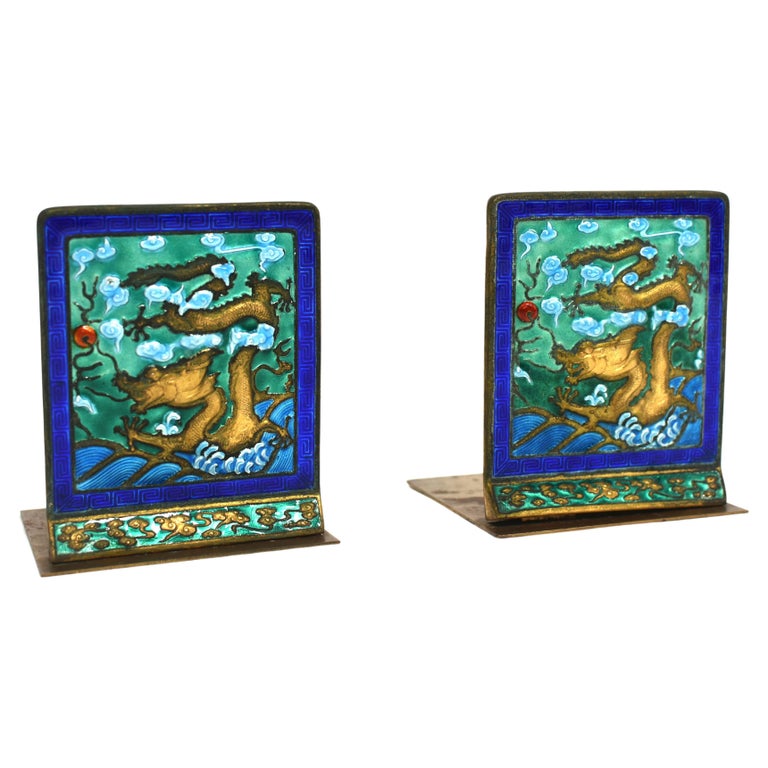 Vintage Chinese Enamel Dragon Bookends Pair For Sale at 1stDibs