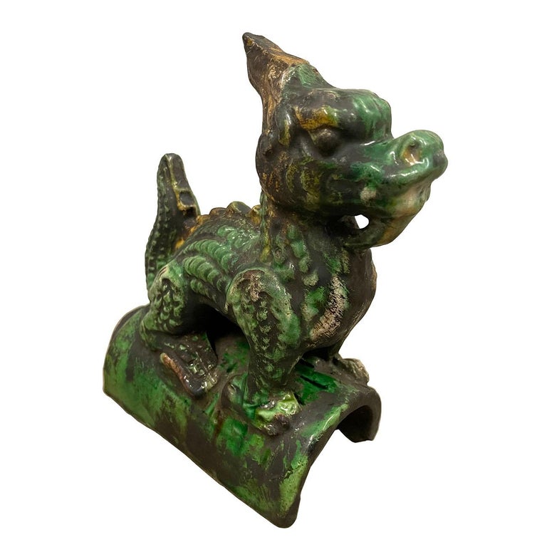 Vintage Chinese Glazed Ceramic Dragon Roof Tile For Sale at 1stDibs