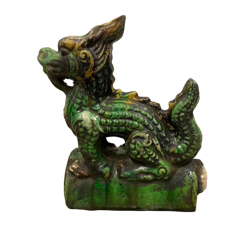Vintage Chinese Glazed Ceramic Dragon Roof Tile For Sale at 1stDibs