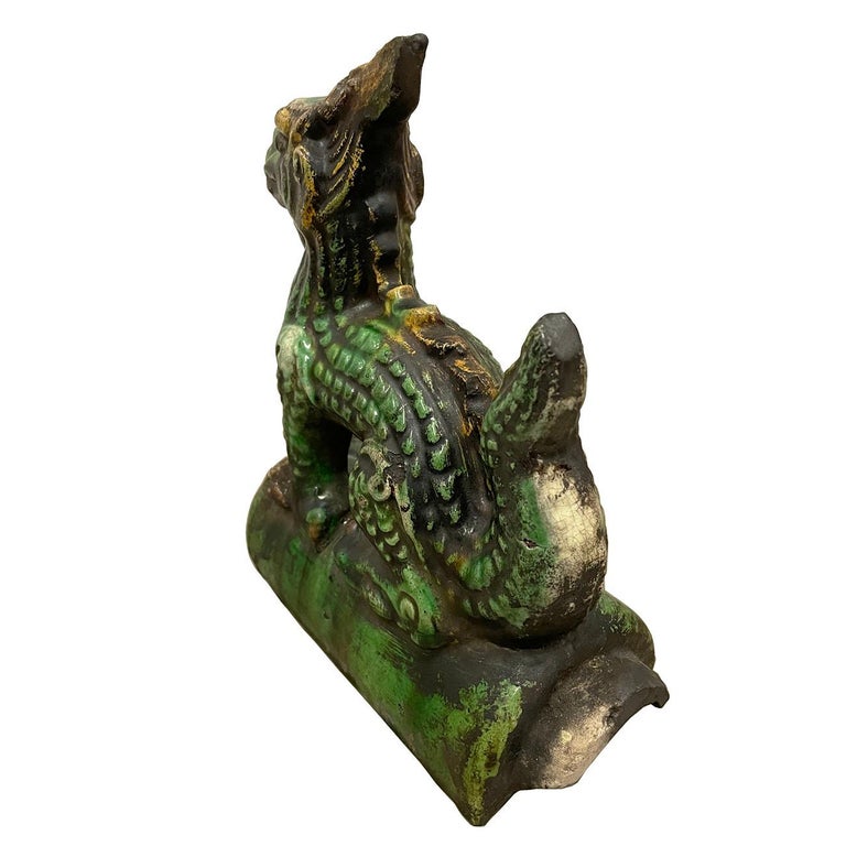 Vintage Chinese Glazed Ceramic Dragon Roof Tile For Sale at 1stDibs