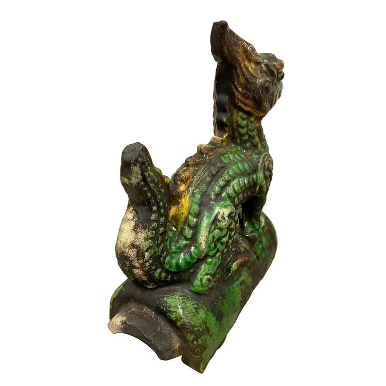 Vintage Chinese Glazed Ceramic Dragon Roof Tile For Sale at 1stDibs
