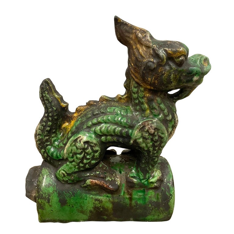 Vintage Chinese Glazed Ceramic Dragon Roof Tile For Sale at 1stDibs