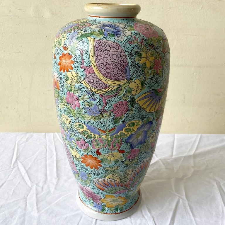 Vintage Chinese Hand Painted Multi Colored Vase For Sale at 1stDibs