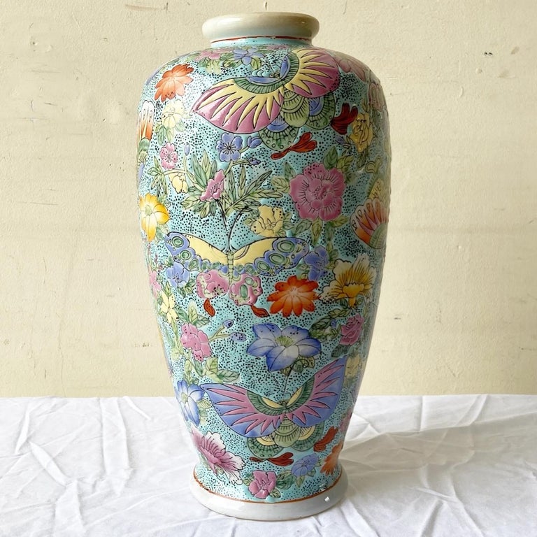 Vintage Chinese Hand Painted Multi Colored Vase For Sale at 1stDibs