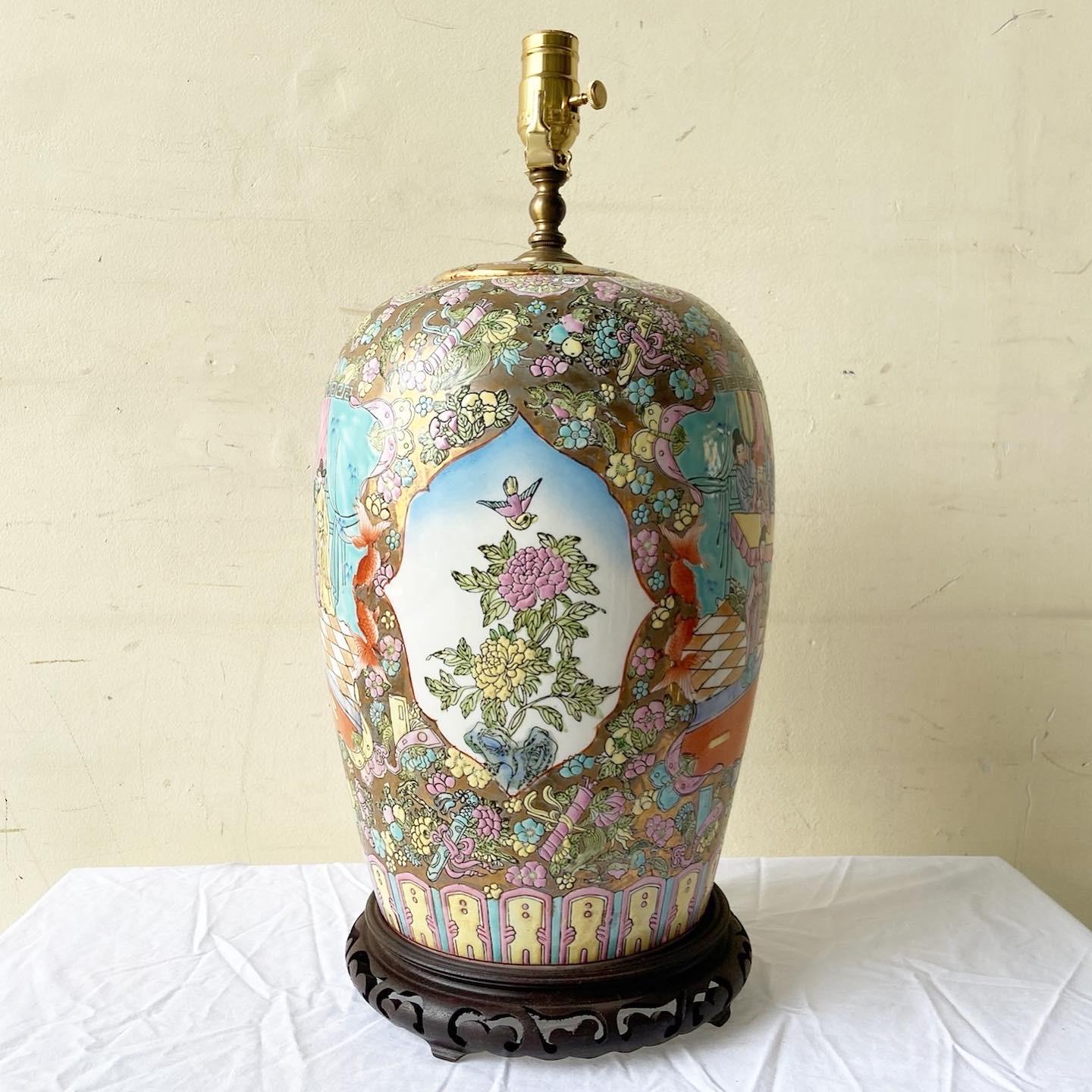Vintage Chinese Hand Painted Porcelain Table Lamp For Sale at 1stDibs