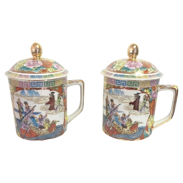 Vintage Chinese Hand Painted Tea Cups/Mugs, a Pair For Sale at 1stDibs