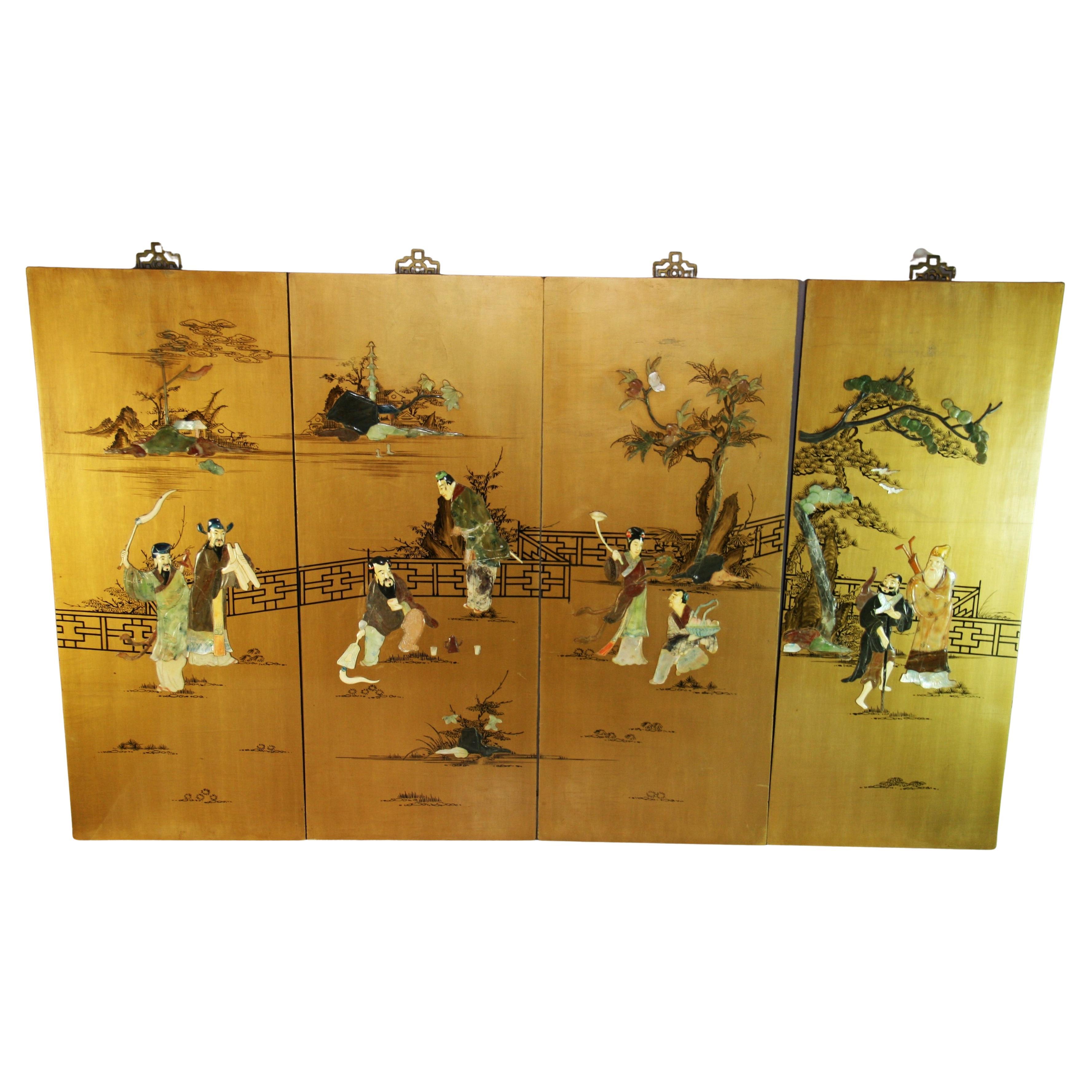 Vintage Chinese Individual 4 panel Colored Stone Ansestoral Court Scene ...