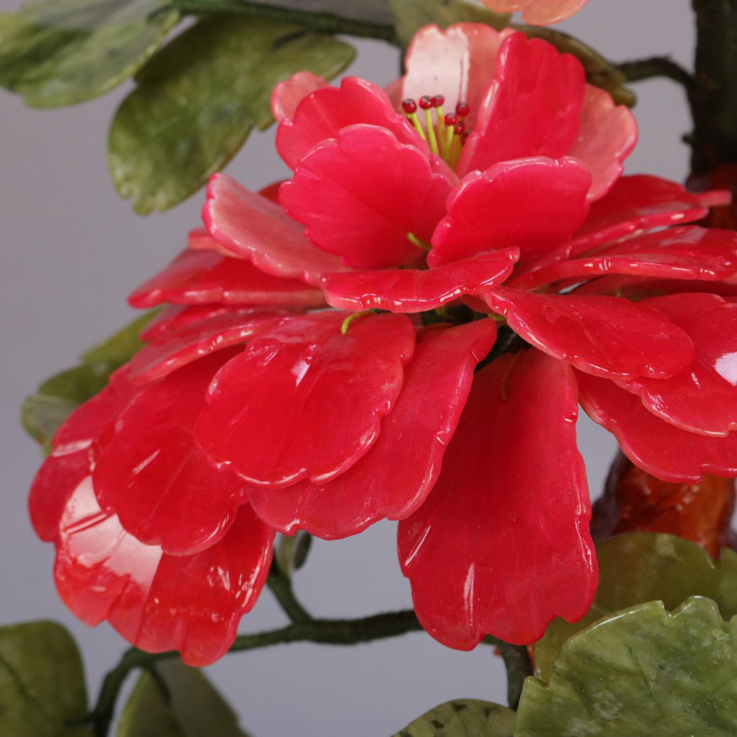 Vintage Chinese Jade Tree Sculpture with Peonies, 20th Century at 1stDibs