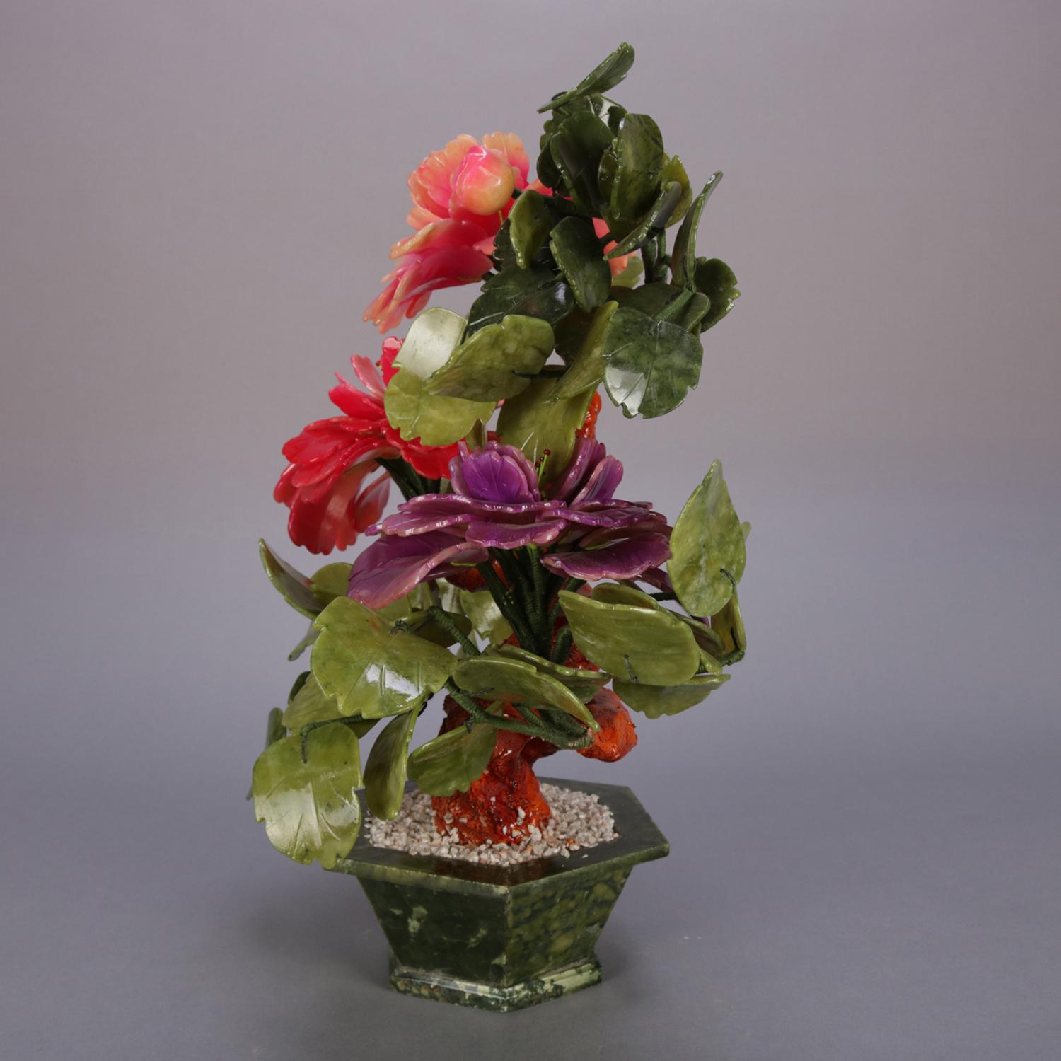 Vintage Chinese Jade Tree Sculpture with Peonies, 20th Century at 1stDibs