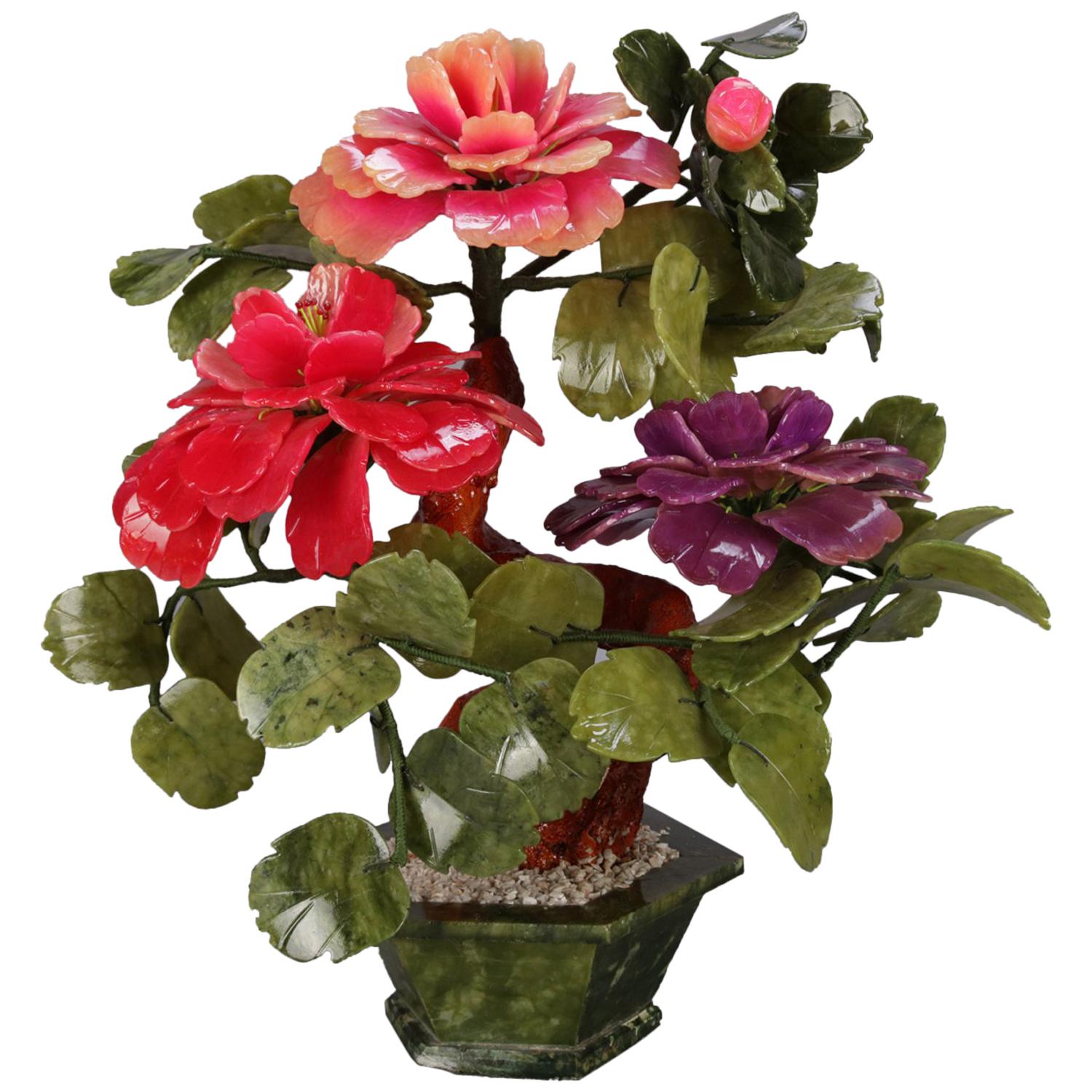 Vintage Chinese Jade Tree Sculpture with Peonies, 20th Century at 1stDibs