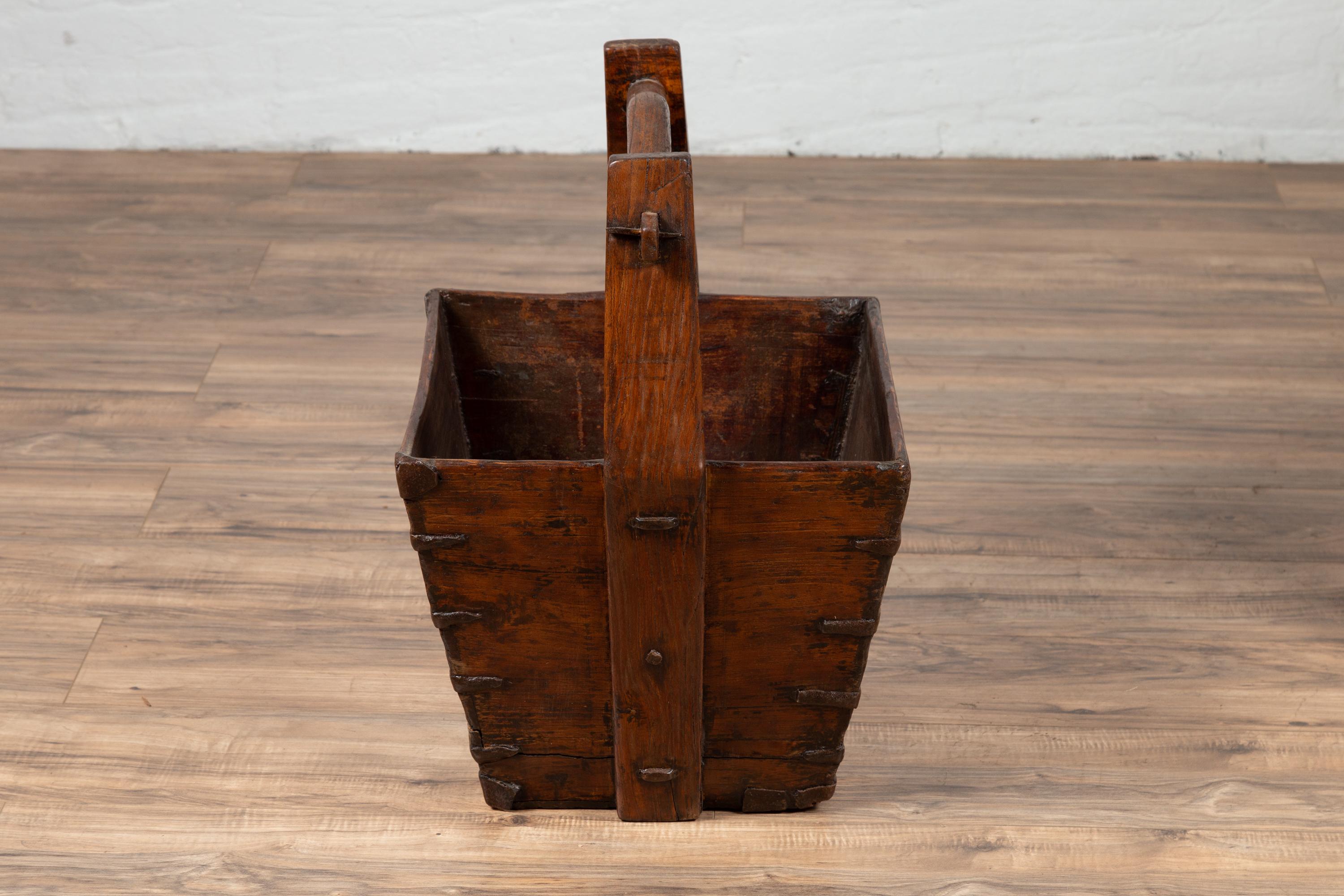 Vintage Chinese Midcentury Wood Carrying Box with Large Handle and ...