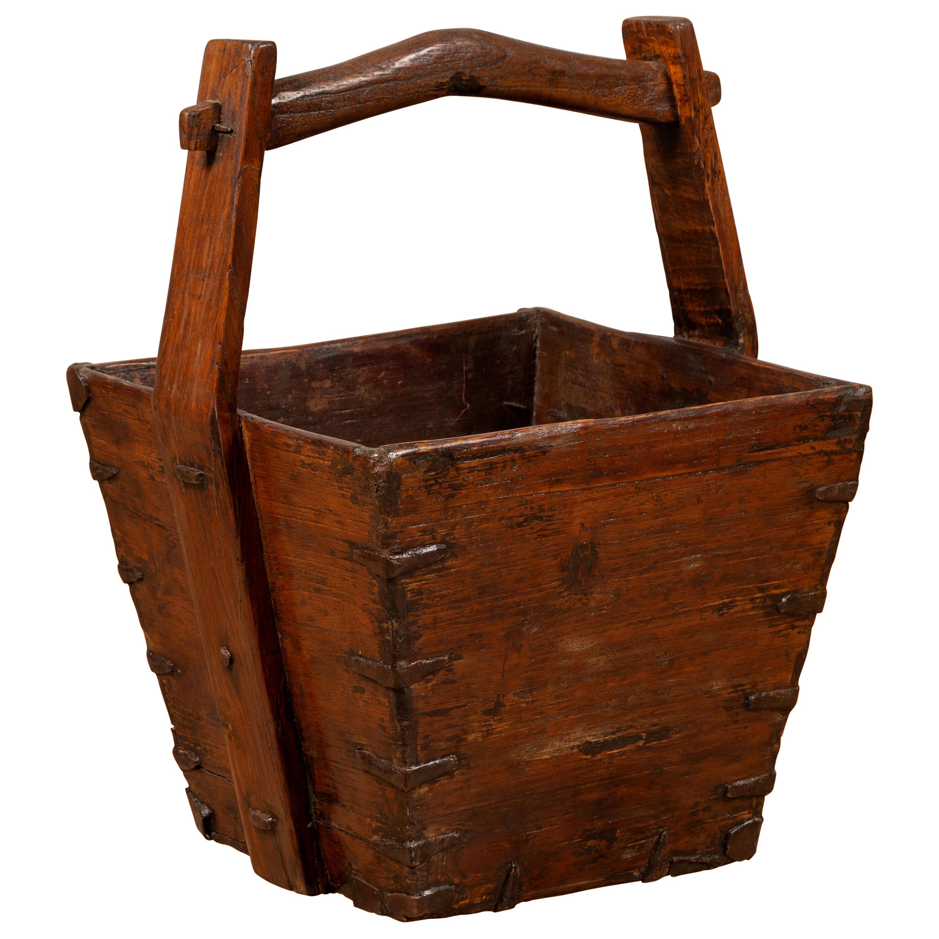 Vintage Chinese Midcentury Wood Carrying Box with Large Handle and ...